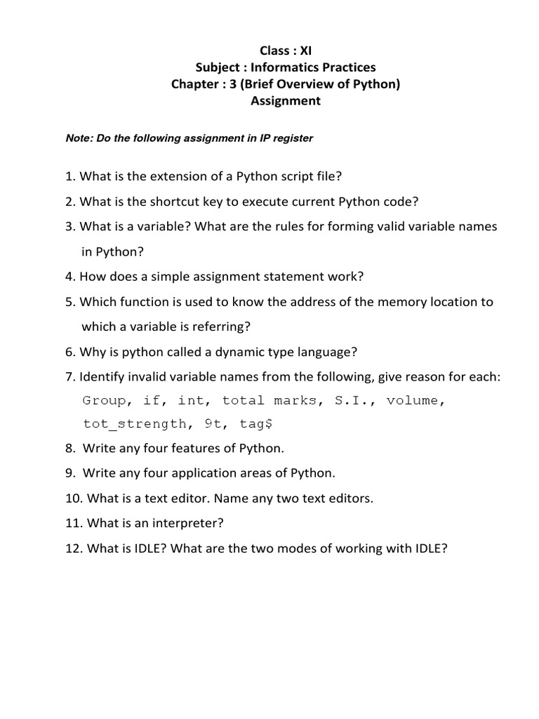 Class: XI Subject: Informatics Practices Chapter: 3 (Brief Overview of Python) Assignment | PDF
