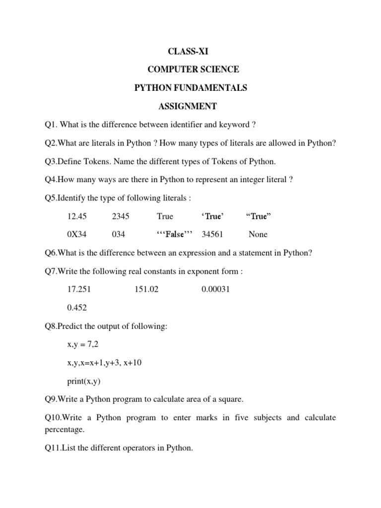 11computer Science Python Fundamentals Assignment Pdf