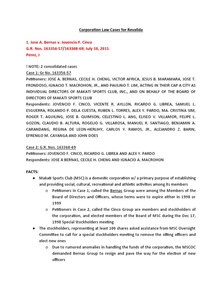 Jose A. Bernas v. Jovencio F. Cinco G.R. Nos. 163356-57/163368-69 July ...