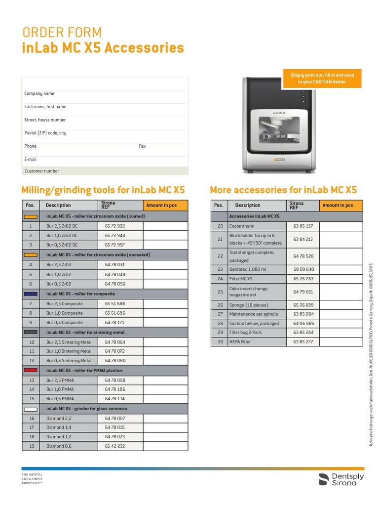 inLab MC X5 Accessories Order Form | PDF | Zirconium Dioxide | Metalworking