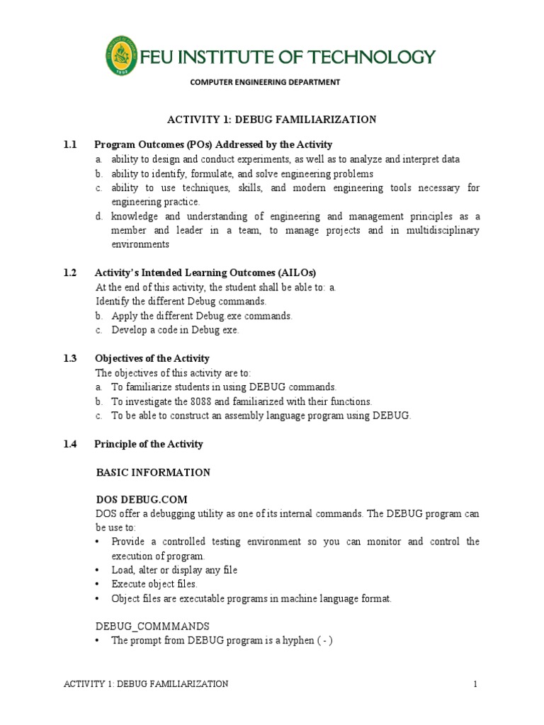 Activity 1: Debug Familiarization 1.1 Program Outcomes (Pos) Addressed by The Activity | PDF ...