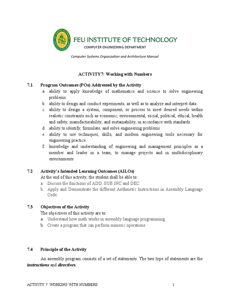 Activity7: Working With Numbers 7.1 Program Outcomes (Pos) Addressed by The Activity | PDF ...