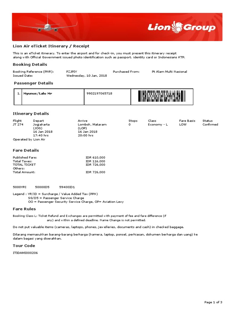 Lion Air Eticket Itinerary / Receipt | PDF | Ticket (Admission) | Aviation