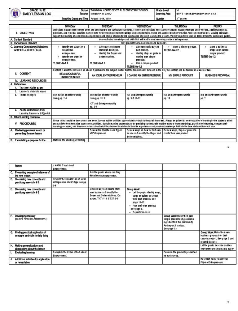 DLL Epp6-Ict Q1 W1 | PDF | Educational Technology | Entrepreneurship