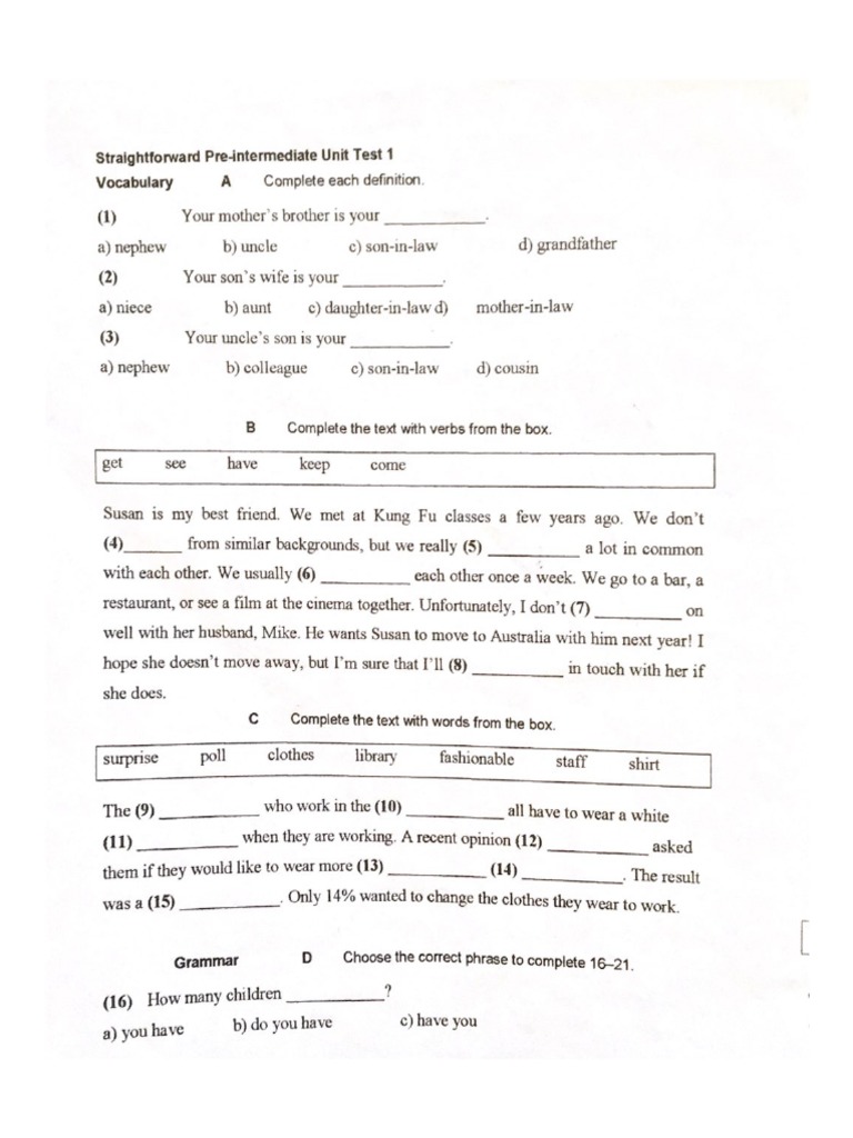 Straightforward Pre-Intermediate Unit Test 1 | PDF