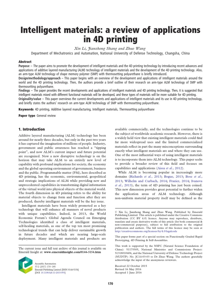 Intelligent Materials A Review of Applications in 4d Printing | PDF ...