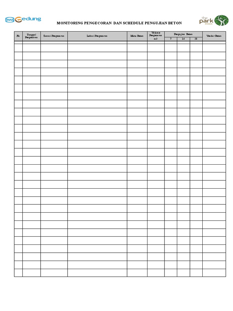 Monitoring Pengecoran Dan Schedule Pengujian Beton | PDF