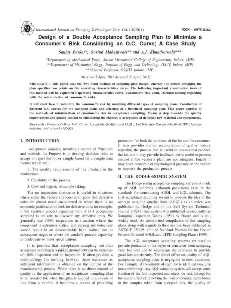 Design of A Double Acceptance Sampling Plan To Minimize A Consumer's ...