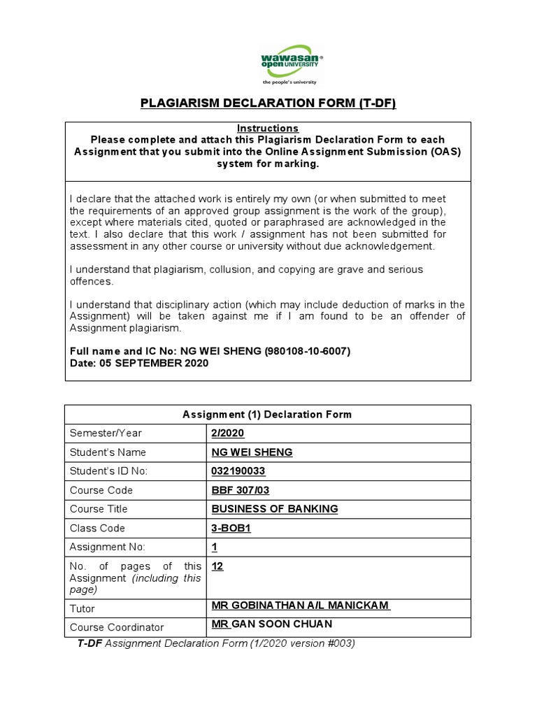 Plagiarism Declaration Form (T-DF) : Page) | PDF | Unsecured Debt | Loans