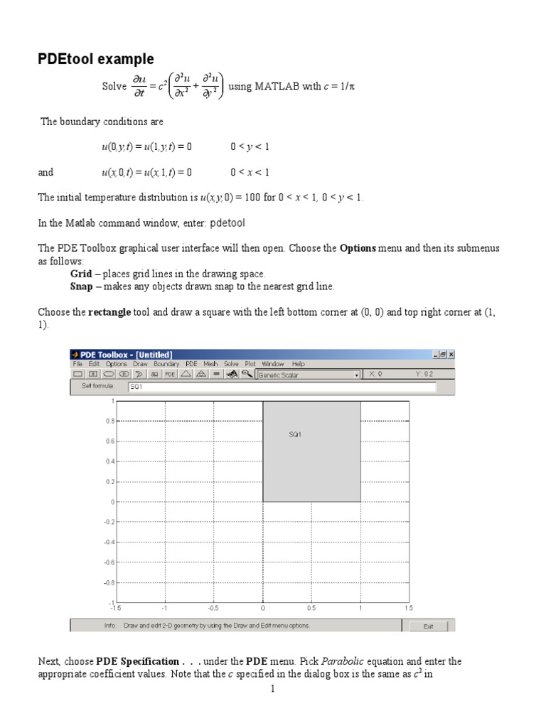 Pdetool Example: U (0, Y, T) U (1, Y, T) 0 U (X, 0, T) U (X, 1, T) 0 | PDF | Partial ...
