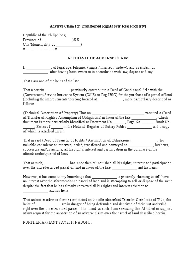 Affidavit of Adverse Claim Template | PDF | Affidavit | Deed