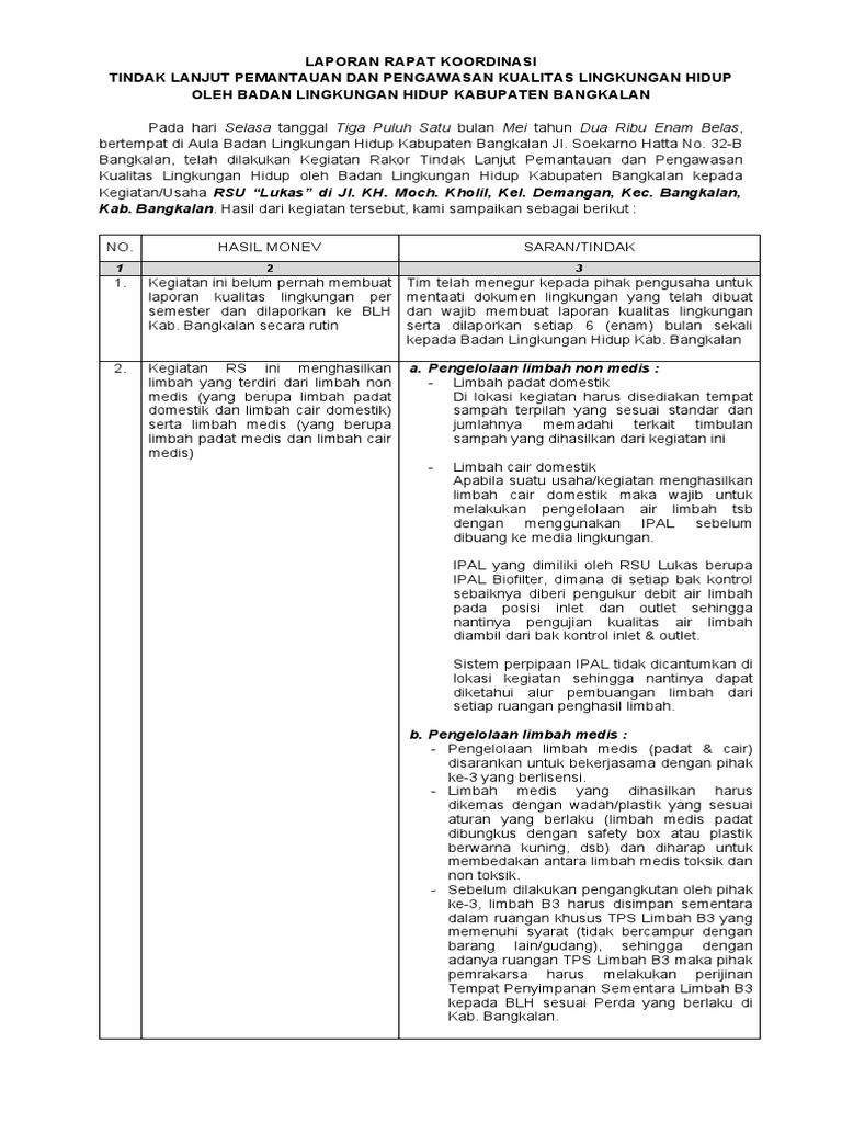 (31 Mei 2016) Laporan Rakor Hasil Tindak Lanjut Pengawasan Dan Pemantauan LH Rumah Sakit Umum ...