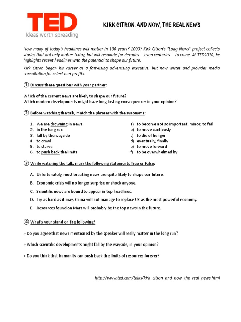 Ted Talk Worksheet - and Now The Real News | PDF
