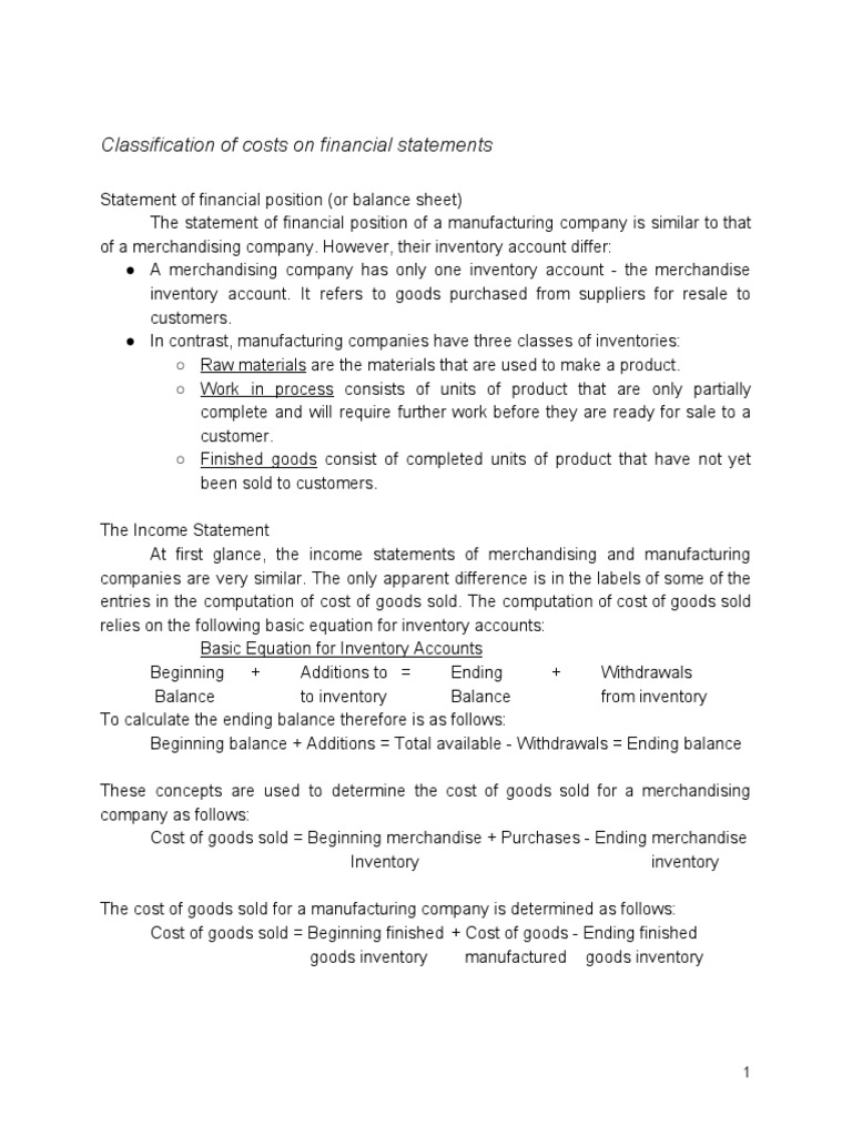 Cost Classification in Financial Statements | PDF | Cost Of Goods Sold ...