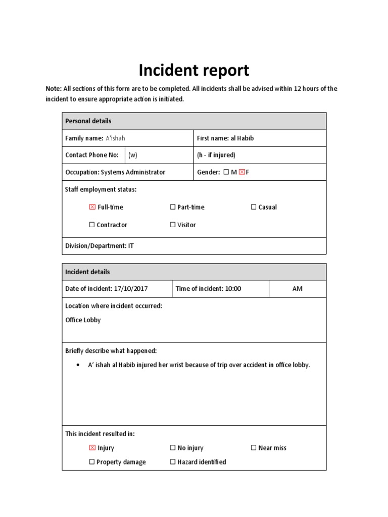 Incident Report-Al Isha Habib | PDF | Workers' Compensation | Safety