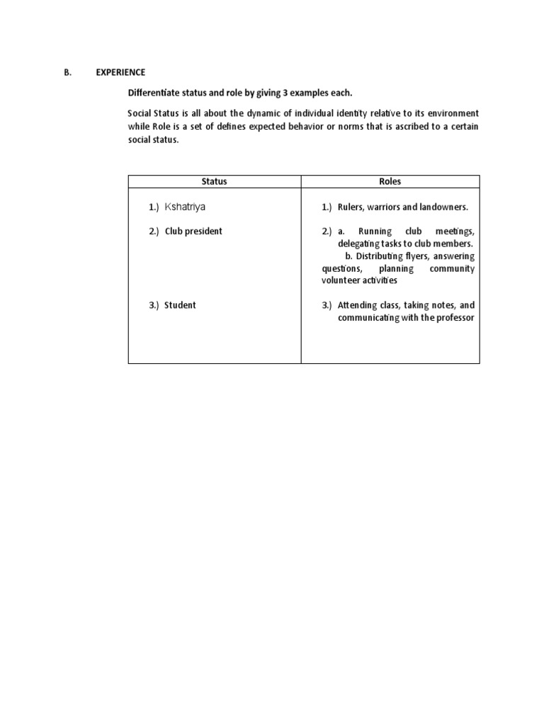Experience Differentiate Status and Role by Giving 3 Examples Each | PDF