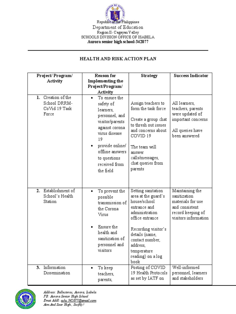 Health and Risk Action Plan: Department of Education | PDF | Wellness ...
