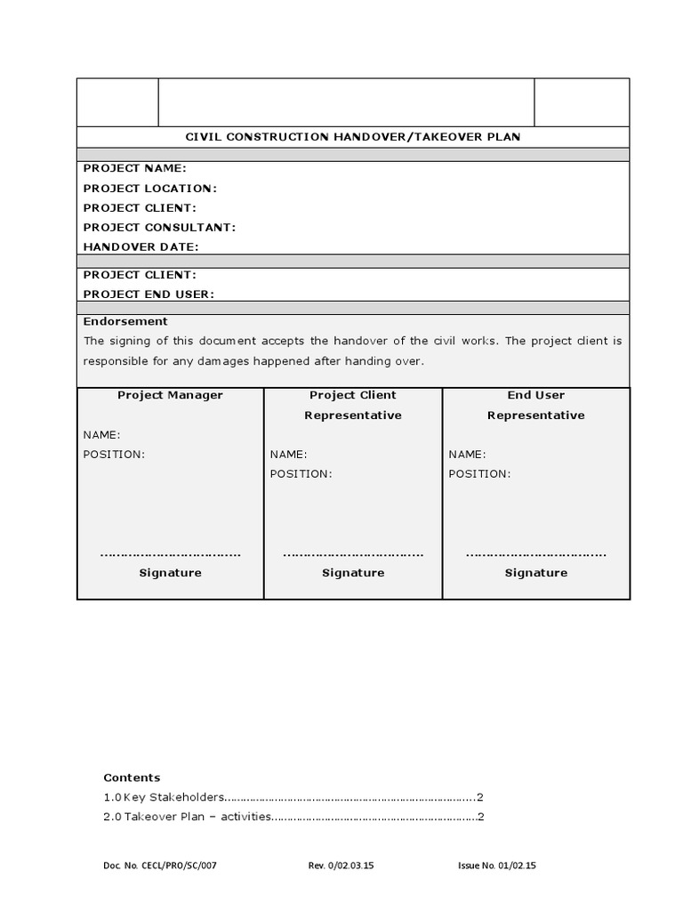 Civil Construction Handover Plan | PDF | Government | Business