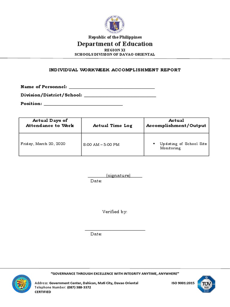 Individual Workweek Accomplishment Report | PDF | Business