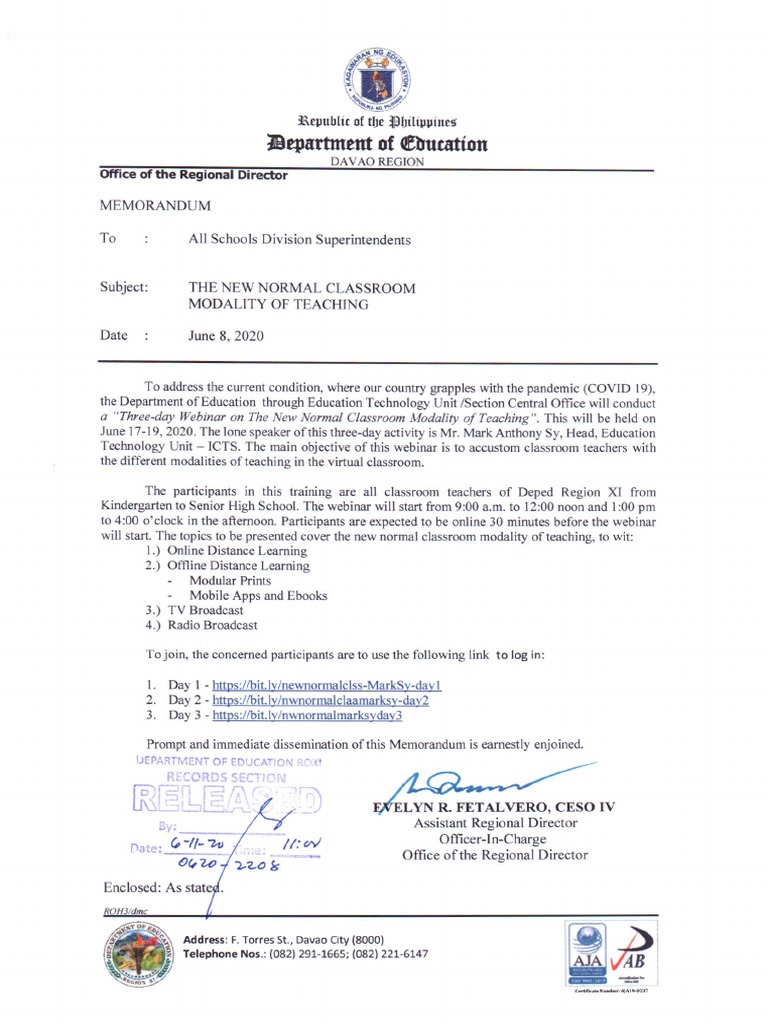Memorandum The New Normal Classroom Modality of Teaching | PDF