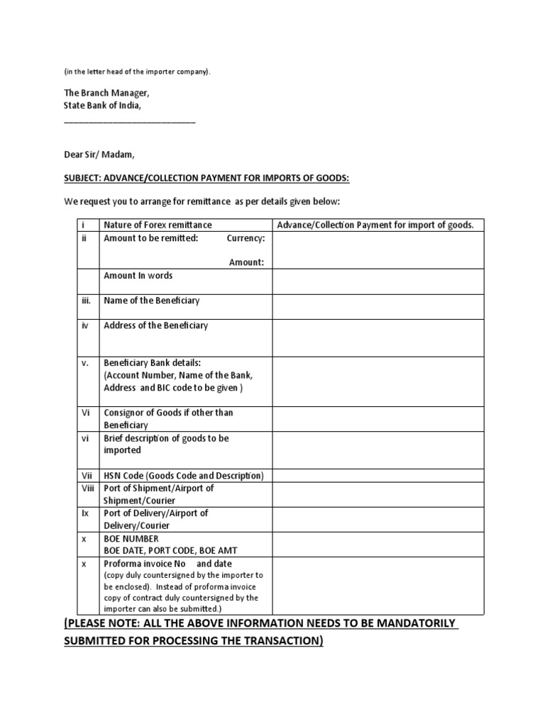 Application Format For Advance Payment For Import | PDF | Remittance ...