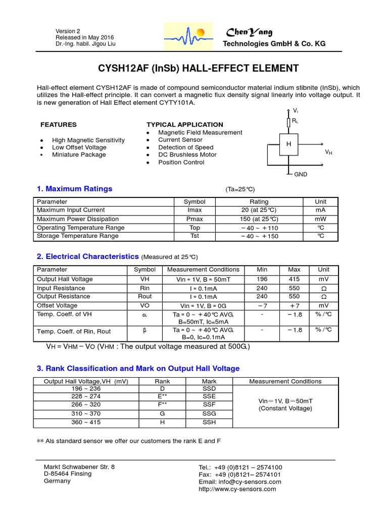 Cysh12Af (Insb) Hall-Effect Element: 1. Maximum Ratings | PDF ...