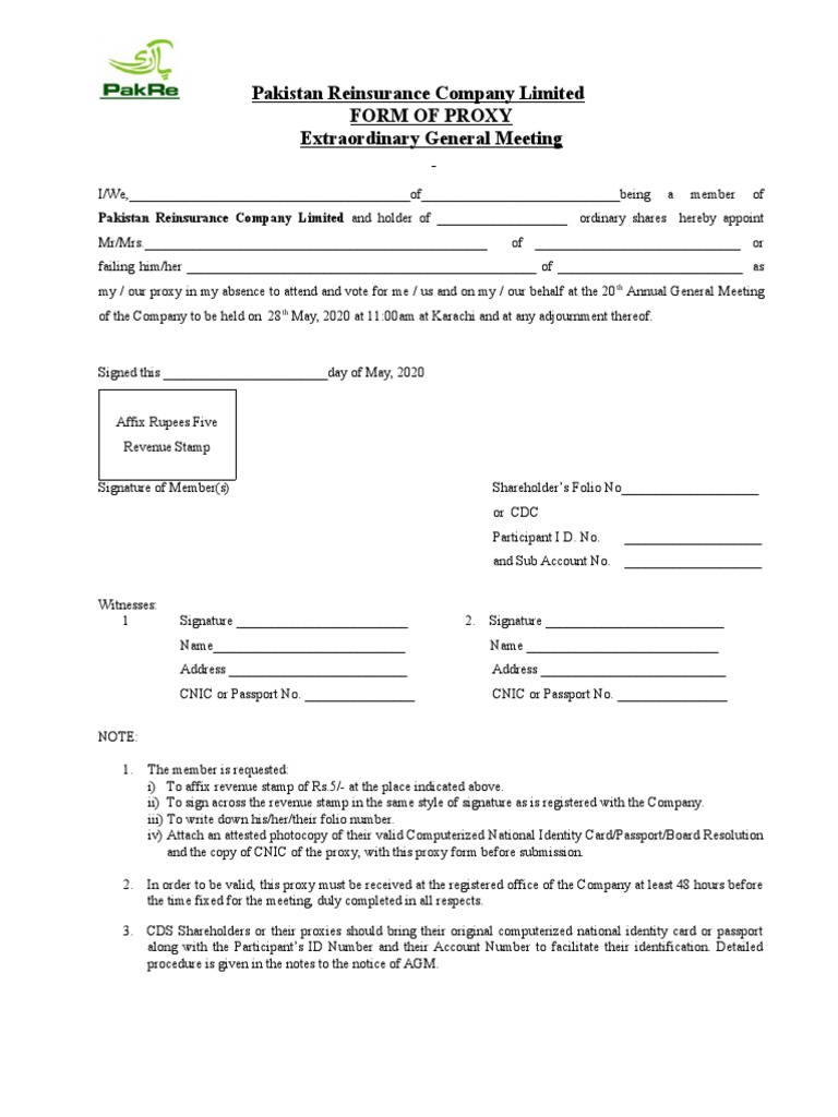 Pakistan Reinsurance Company Limited Form of Proxy Extraordinary ...