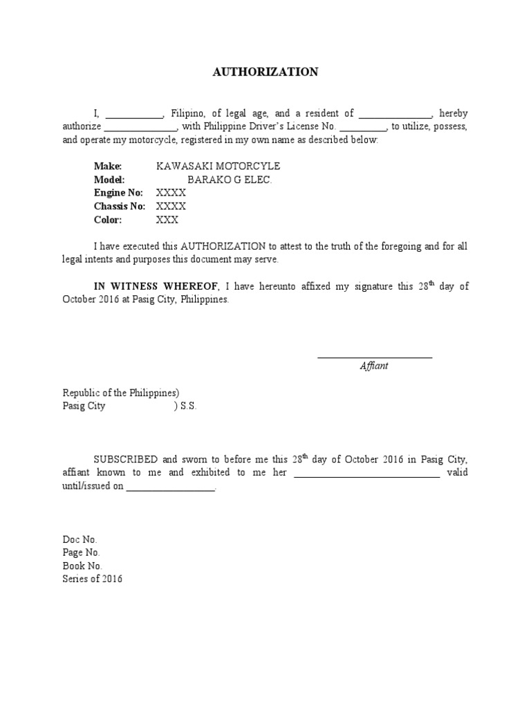 AUTHORIZATION Sample Motorcycle | PDF