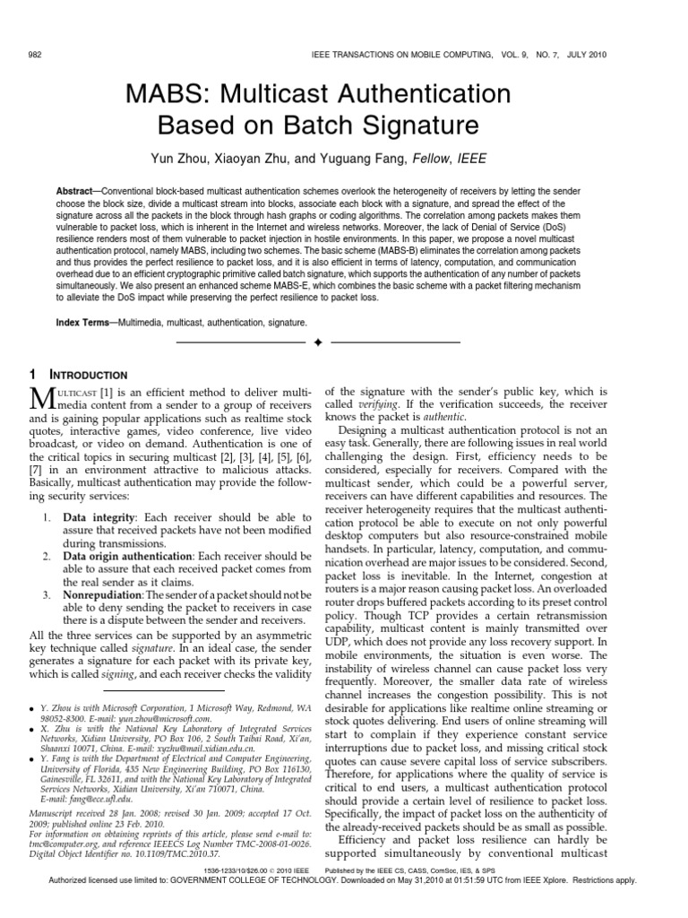 MABS Multicast Authentication Based On Batch Signature | PDF | Public Key Cryptography | Multicast