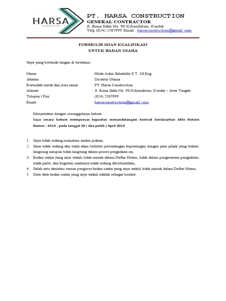 Formulir Isian Kualifikasi Untuk Badan Usaha | PDF