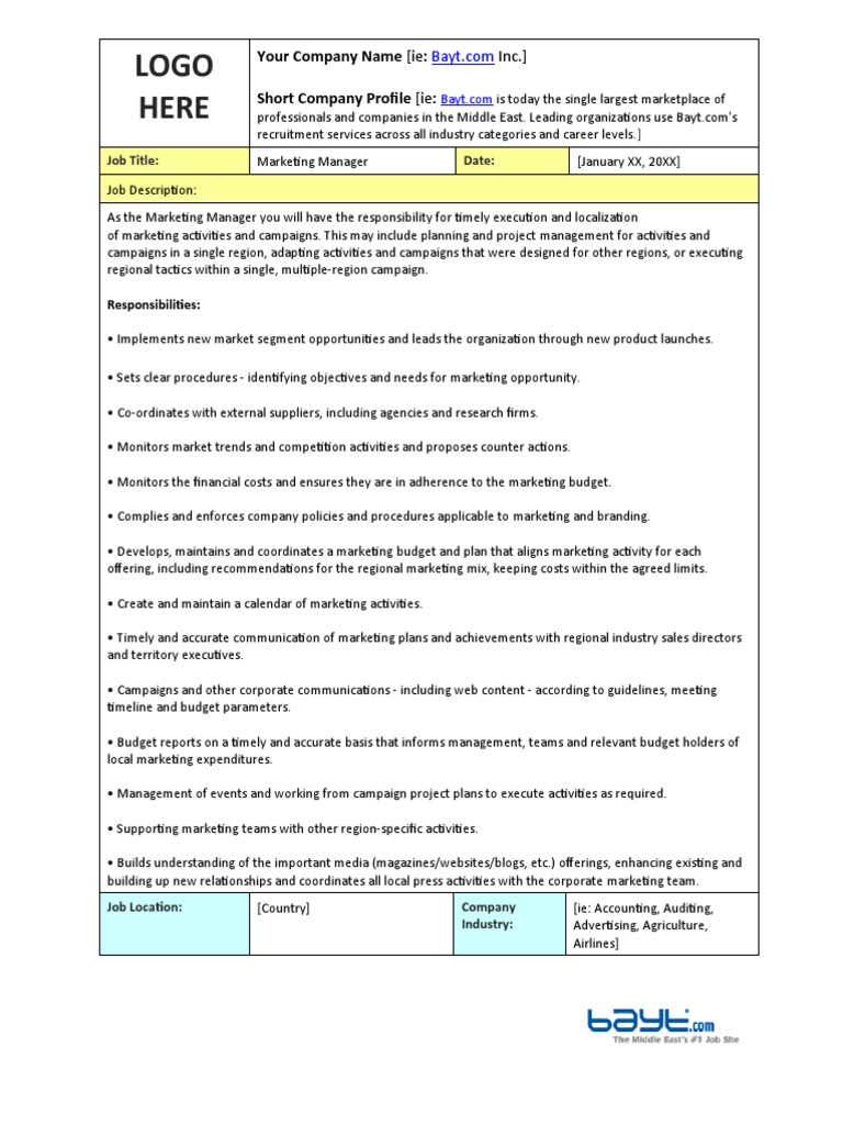 Marketing Manager Job Description | PDF | Business | Marketing