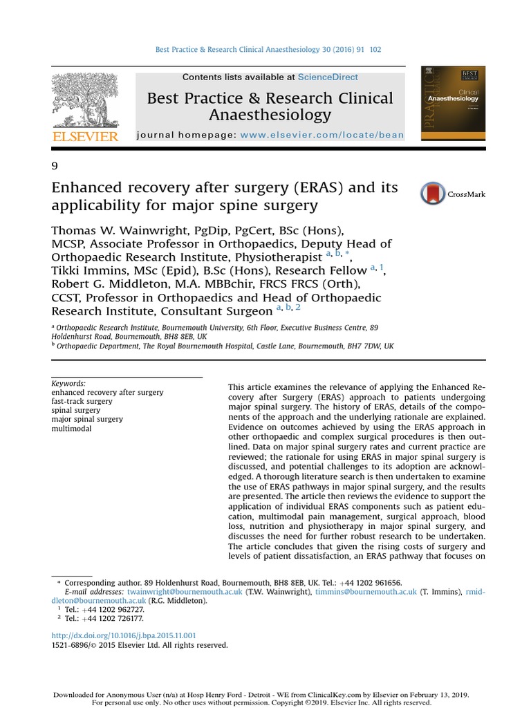 ERAS For Major Spine Surgery | PDF | Surgery | Physical Therapy