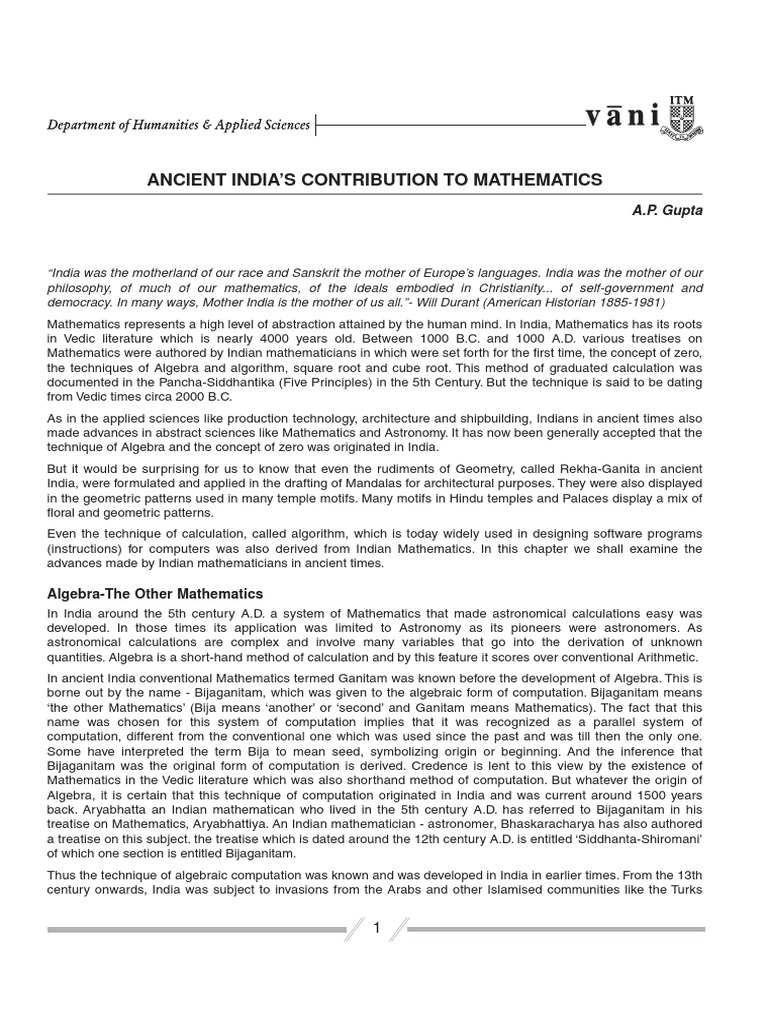 Ancient India'S Contribution To Mathematics: A.P. Gupta | PDF | Laser ...