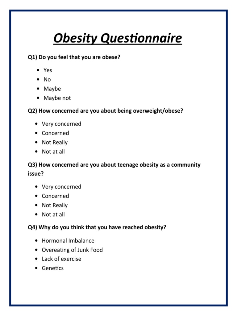 Obesity Questionnaire: Q1) Do You Feel That You Are Obese? | PDF ...