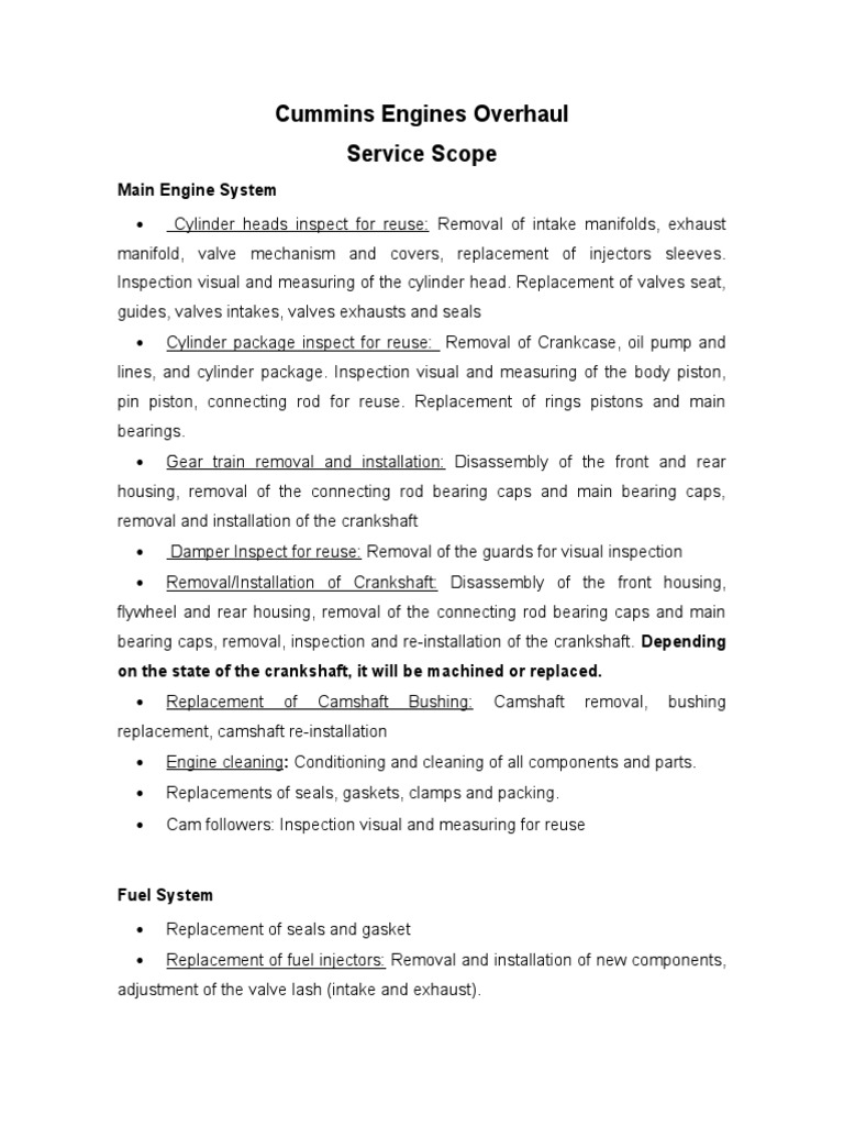 Cummins Engine Overhaul - Service Scope Modf | PDF | Piston | Systems ...