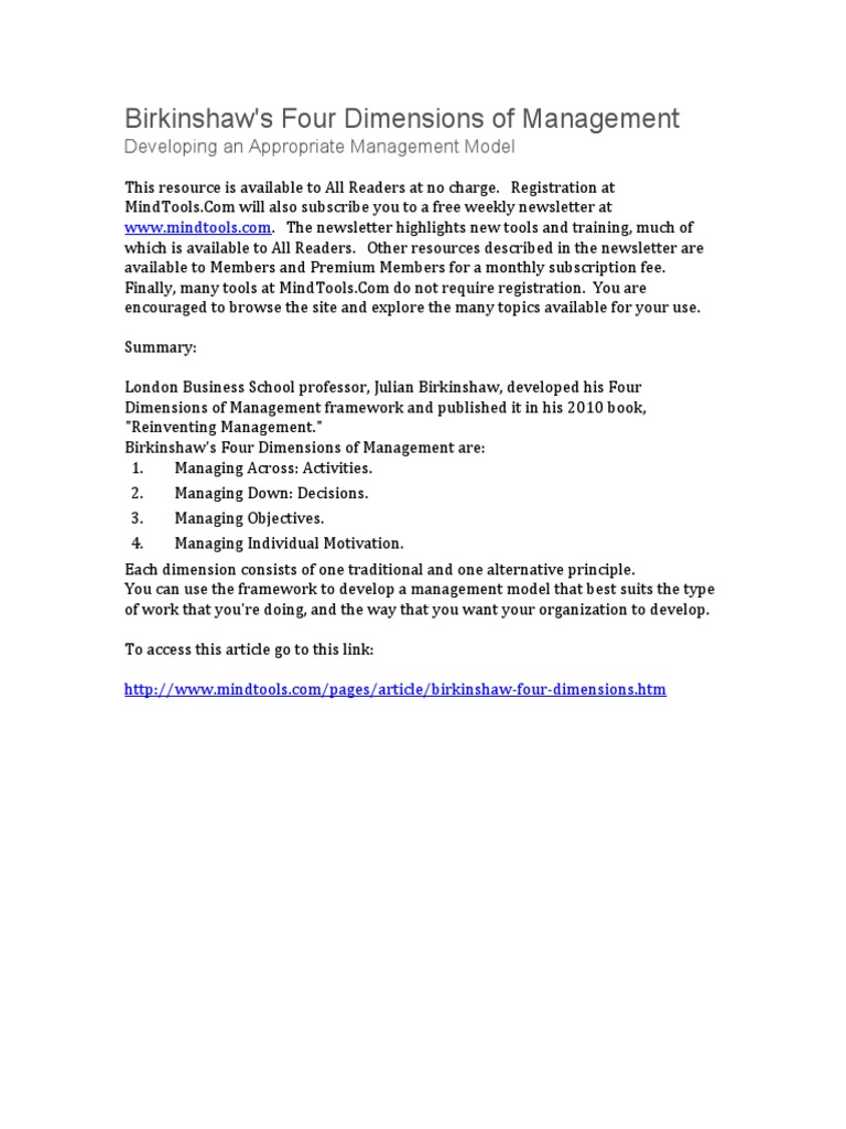 Birkinshaws Four Dimensions of Management | PDF