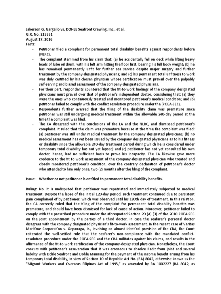 Jakerson G. Gargallo vs. DOHLE Seafront Crewing, Inc., Et Al. G.R. No ...
