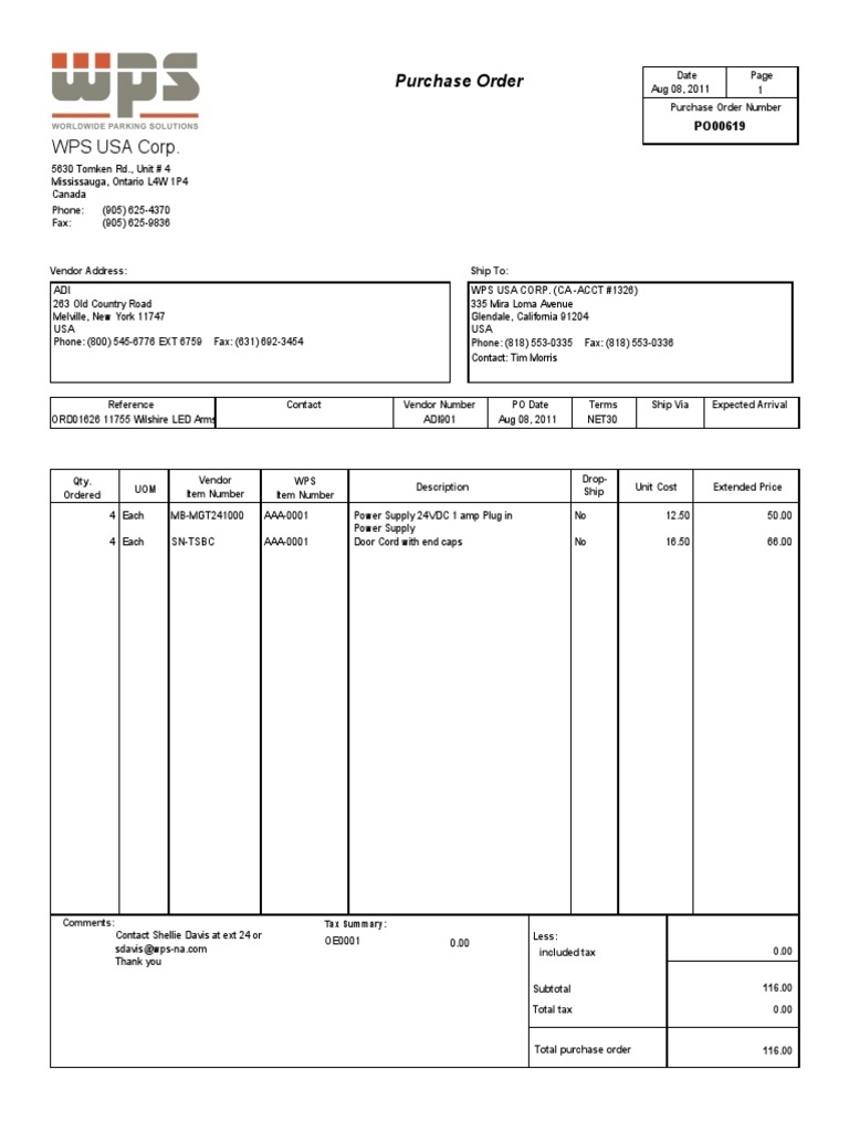 Wps Usa Corp.: Purchase Order | PDF | Business