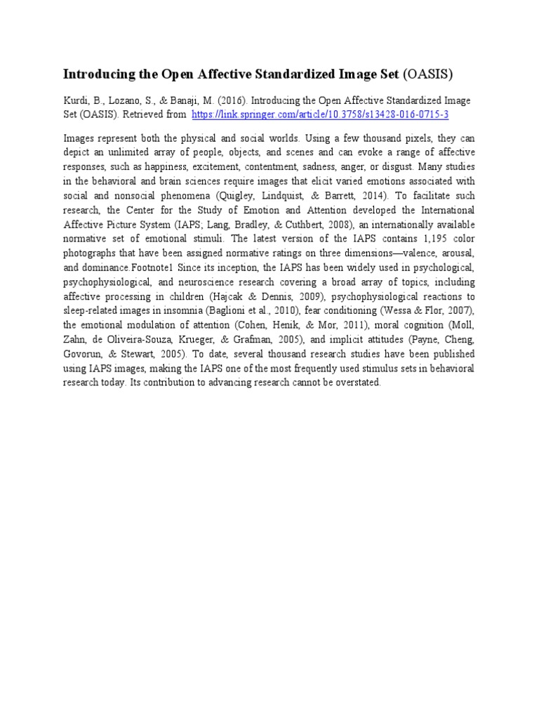Introducing The Open Affective Standardized Image Set (OASIS) | PDF