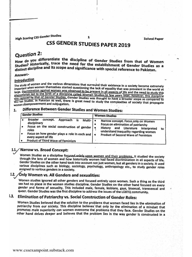 Gender Studies CSS Past Papers 2024 | PDF