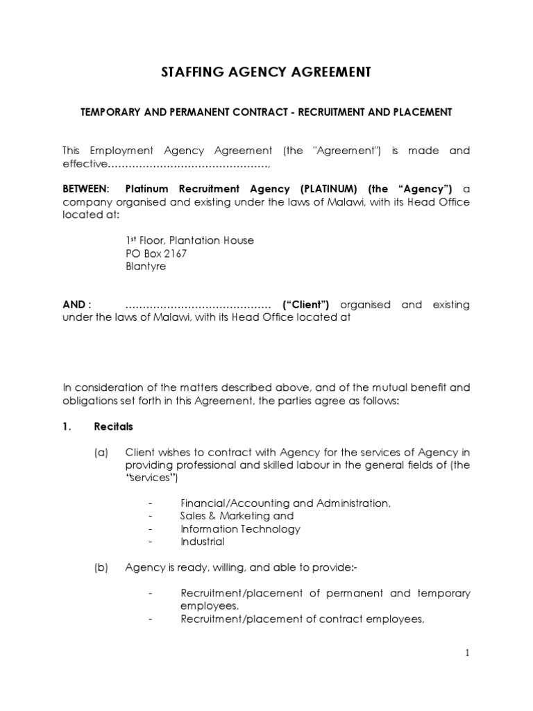 Staffing Agency Agreement: Temporary and Permanent Contract ...