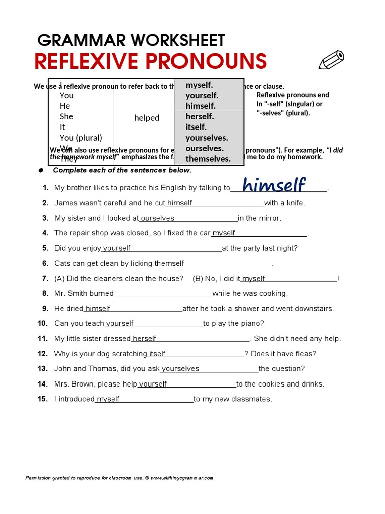Reflexive Pronouns: Grammar Worksheet | PDF | Pronoun | Syntactic ...