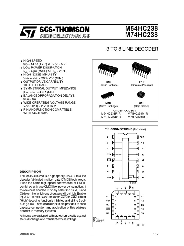 M54HC238 M74HC238: 3 To 8 Line Decoder | PDF | Cmos | Electrical ...