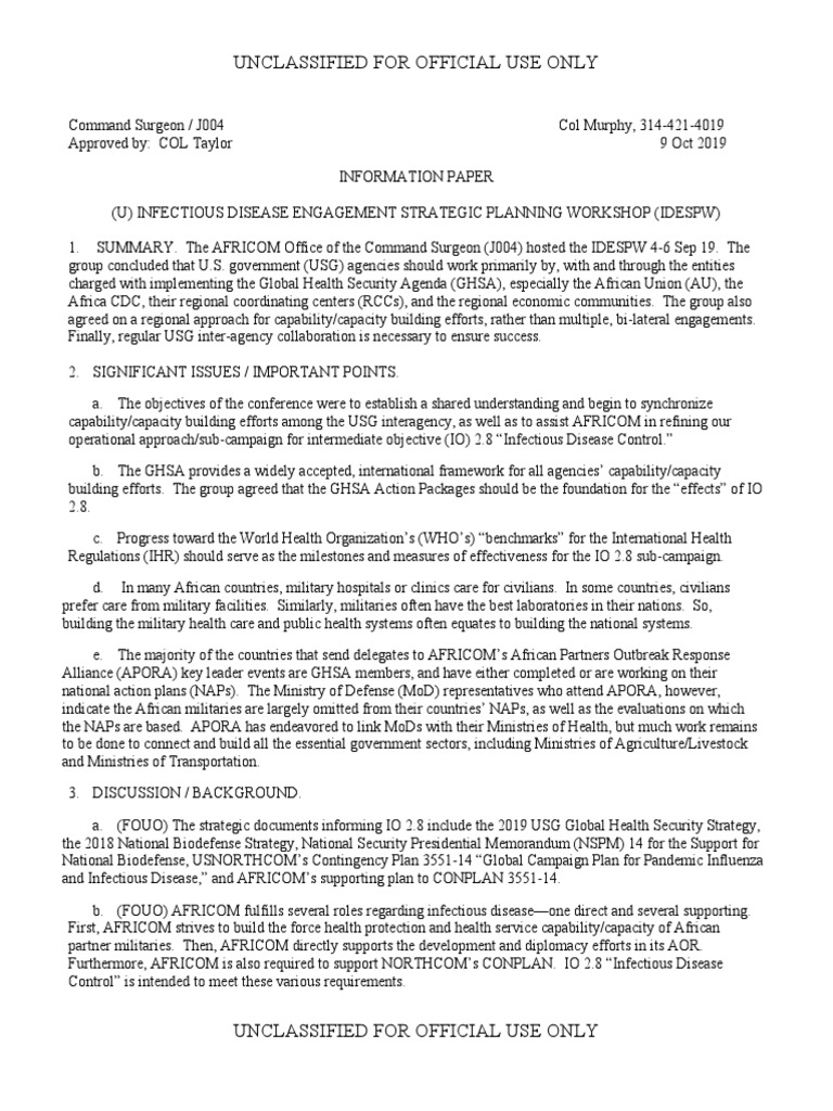 USAFRICOM IDESPW Info Paper 20191009 | PDF | Global Health | World ...
