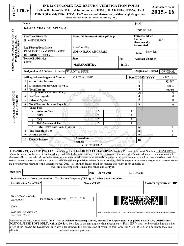 Itr-V: (Please See Rule 12 of The Income-Tax Rules, 1962) | PDF ...