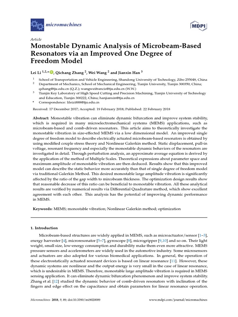 Monostable Dynamic Analysis of Microbeam-Based Resonators Via An Improved One Degree of Freedom ...