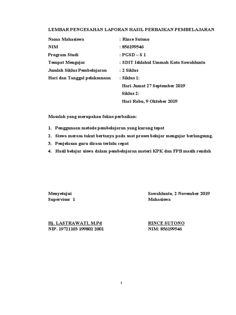 Lembar Pengesahan Laporan Hasil Perbaikan Pembelajaran | PDF | Karier & Perkembangan