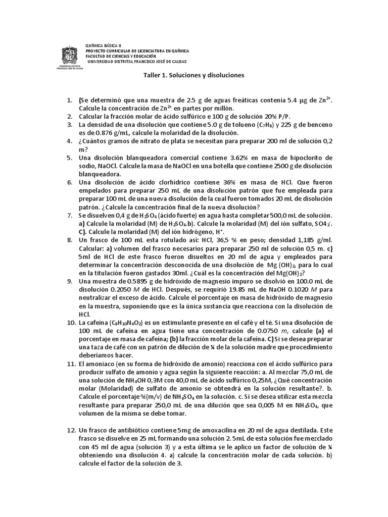 Taller 1. Soluciones y Disoluciones | PDF | Concentración | Ácido clorhídrico