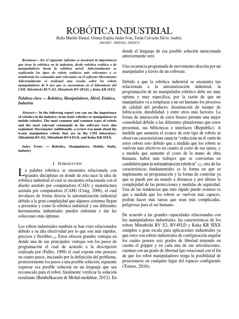 Informe Robotica Industrial | PDF | Robot | Robótica