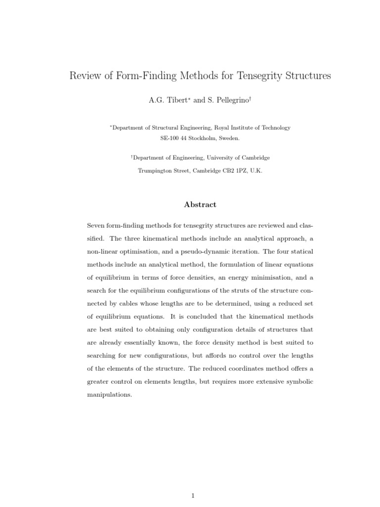 Review of Form-Finding Methods For Tensegrity Structures: A.G. Tibert and S. Pellegrino | PDF ...